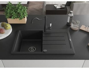 Mexen Bruno, granitový dřez 795x495x200 mm, 1-komorový a dřezová baterie Carla, černá, 6513-77-670700-70-B