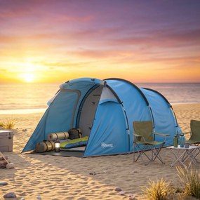 Outsunny tunelový stan pro 2-3 osoby 190T kempinkový stan s kolíky, sklolaminát a polyester, světle modrý, 426x206x154cm| Aosom