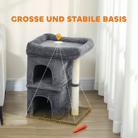 PawHut Škrabadlo pro kočky, věž pro kočky, 2 jeskyně, plošina, sisalové sloupky, kompaktní, tmavě šedá barva