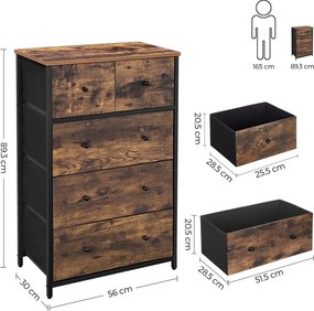 5 zásuvkový textilní úložný box, komoda v industriálním stylu s textilními zásuvkami, rustikální hnědá