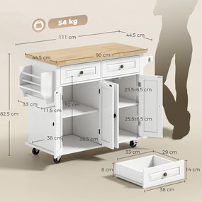 HOMCOM kuchyňský ostrov na kolečkách se zásuvkami, 111 x 44,5 x 82,5 cm, bílý