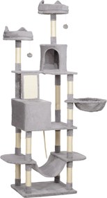 PawHut Kočičí škrabadlo Vysoké 206 cm - Strom pro kočky s plošinami, norami, visícími míčky a houpacími sítěmi, Světle šedá