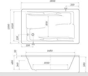 Speciální obdélníková akrylátová vana pro dvě osoby AMORE S 1800 × 1200 AMORE 300 l 9720000