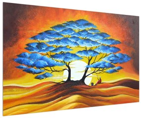 Orientální obraz modrého stromu a slunce (120x80 cm)