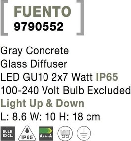 NV 9790552 Venkovní nástěnné svítidlo FUENTO šedý beton skleněný difuzor GU10 2x7W IP65 100-240V bez žárovky světlo nahoru a dolů - NOVA LUCE