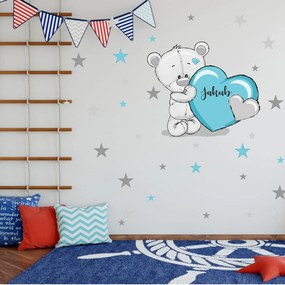 INSPIO Dětské samolepky na zeď - Modrý medvídek s hvězdami a jménem