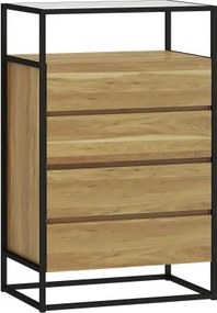 HOMCOM ložnicová komoda se 4 zásuvkami, povrch z tvrzeného skla, otevřená přihrádka, ocelová konstrukce, 60x40x94,5 cm, teak