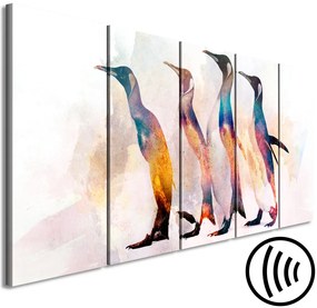Obraz Tučňákova výprava (5-dílný) úzký - barevní ptáci na světlém pozadí