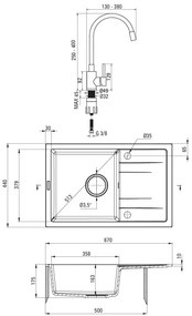 Deante Corio, 1-komorový granitový dřez 670x440x175mm + flexibilní dřezová baterie, černá matná, DEA-ZRCPG113