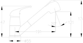 Baterie dřezová teleskopická, délka hadice 130cm, 35mm, chrom