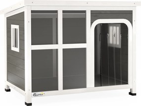 PawHut Malý a střední psí domek se bočními okny a vstupní záclonou, venkovní psí kurník s odnímatelným dnem a otevírací střechou, 90x62x71 cm, světlá