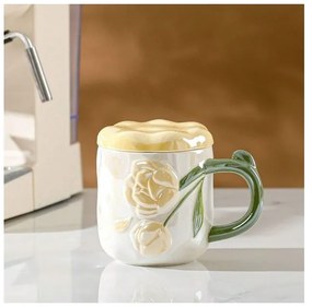 Flamenco Mystique Keramický hrnek s květinovým motivem a víkem, žlutý, 450 ml, 9,2 x 9,6 cm