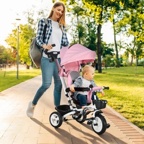 HOMCOM 6 v 1 Tříkolka s Rukojetí, Skládací, Dětská Tříkolka s Bezpečnostním Pásem, Odnímatelnou Sluneční Clonou, Košíkem, Držákem na Pohár, Pedálem, …