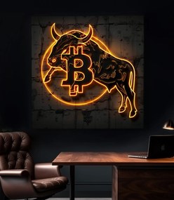Obraz na plátně - Bitcoin Býk, neon logo FeelHappy.cz Velikost obrazu: 100 x 100 cm