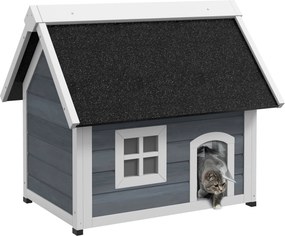 PawHut Venkovní Kočičí Dům Kočičí Jeskyně z Dřeva s Sklopnou Asfaltovou Střechou, Odolný Vůči Počasí Kočičí Chata s Okénkem, 3 Dveřmi, 77 x 57,5 x 68