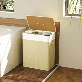 HOMCOM Bambusový koš na prádlo s víkem 100L Koš na prádlo se 2 přihrádkami a vyjímatelným vnitřním pytlem pro laundry room a ložnici 52x32x63 cm Přír…