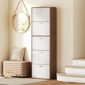 HOMCOM Úzký a úsporný obuvník na 5 pater pro maximálně 30 párů se 2 policemi na úroveň, MDF obuvník, 60x28x189 cm, bílá a hnědá