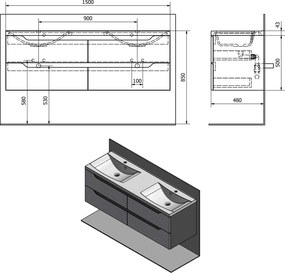 Sapho WAVE dvojumyvadlová skříňka 149,7 x 50 x 47,8 cm bílá/dub alabama WA150-3022