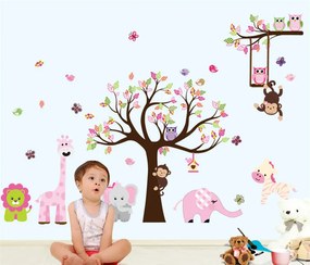 Živá Zeď Samolepka na zeď Růžový strom s houpačkou a zvířátky ze ZOO