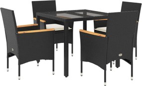 5dílný zahradní jídelní set s poduškami černý polyratan a sklo 3278646