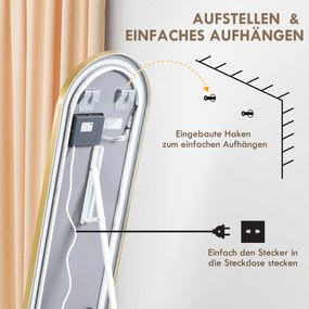 HOMCOM Zrcadlo po celé délce se stmívatelným LED světlem, nástěnné a stojací zrcadlo, šatní zrcadlo s dotykovým spínačem, zlaté 47x146 cm | Aosom.de