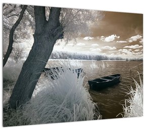 Skleněný obraz loďky na jezeře (70x50 cm)