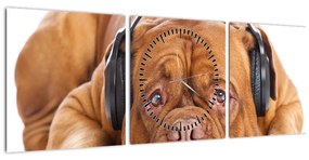Obraz psa se sluchátky (s hodinami) (90x30 cm)
