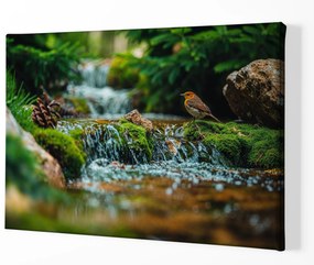 Obraz na plátně - Mechový vodopád s ptáčkem FeelHappy.cz Velikost obrazu: 180 x 120 cm