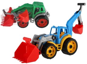 Traktor/nakladač/bagr se 2 lžícemi plast na volný chod 2 barvy v síťce 16x35x16cm