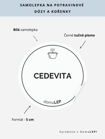Samolepka na láhev CEDEVITA –  průměr 5 cm – bílá vinylová, voděodolná, omyvatelná samolepka na dózy, tučné písmo