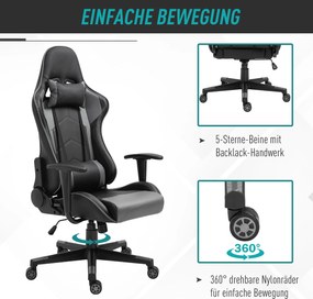 Ergonomická kancelářská židle Vinsetto herní otočná židle z umělé kůže a pěny černá 67,5x74x126-136 cm pro pohodlnou práci a hraní | Aosom.de