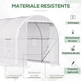 Zahradní tunelová skleník Outsunny s 8 okny a rolovacími dveřmi, kovový rám a polyethylenový kryt, 5x2x2m, bílý