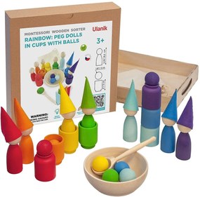 Montessori hračka ulanik rainbow: peg dolls in cups with hats and balls