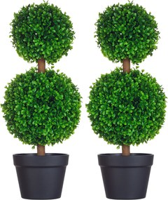 HOMCOM 2-pack Velký Umělý Přírodní Buxus 60 cm, UV Odolná Umělá Rostlina, Plastové Umělé Rostliny v Potu, Umělý Strom, Vypadají Skvěle do Obývacího Po