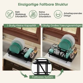 Costway Dish Drainer 2-vrstvý skládací kovový stojan na nádobí, černý