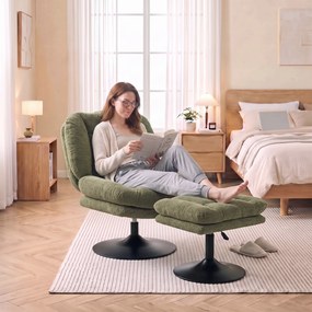 HOMCOM Lounge křeslo s podnožkou, 360° otočné, z Raindrop sametu, výškově nastavitelná podnožka, zelené
