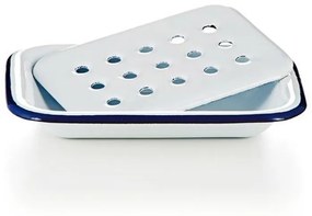 Bílá smaltovaná mýdlenka s modrou linkou White blue - 13*10cm