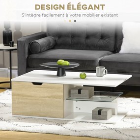 HOMCOM Moderní Design Obdélníkový Konferenční Stolek se 2 Zásuvkami, 2 Policemi a Skleněnou Policí, Bílý Dubový Vzhled 106 x 58 x 39 cm