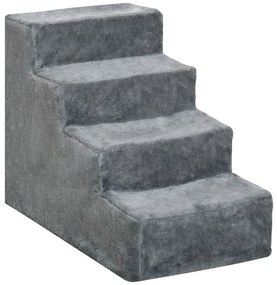 PawHut schody pro psy 4stupňové s odnímatelným krytem, schody pro kočky, dřevotříska, plyš, šedé, 60x35x44cm| Aosom
