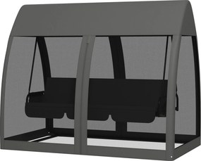 Outsunny 2-v-1 Hollywoodská houpačka s ležící funkcí - 3-místná zahradní houpačka s markýzou a síťkou proti hmyzu, nosnost až 300 kg, lehátko do zahr…