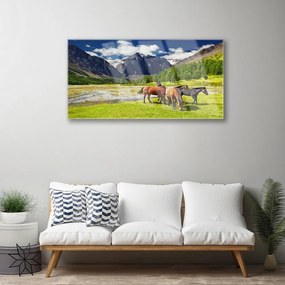Obraz na skle Hory Stromy Koně Zvířata 100x50 cm