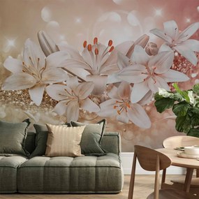Fototapeta Růžovo-zlatá roślinná kompozice - glamour lilie s leskem krystalů