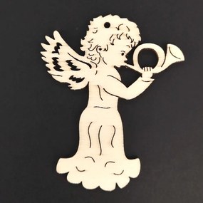 AMADEA Dřevěná ozdoba anděl s lesním rohem 8 cm