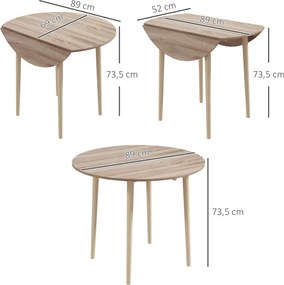 HOMCOM Skládací jídelní stůl s 2 sklápěcími listy - rozkládací kulatý stůl - úsporný s dřevěnými nohami Ø89 x 73.5H cm