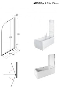 BESCO Vanová zástěna AMBITION 1 BARVA rámu - Chrom/Leštěný hliník (ALU), Rozměr A - 75 cm, Směr zavírání - Univerzální Levé / Pravé, Výplň - Čiré bezpečnostní sklo s bílými pruhy - 5 mm BCAMB1CBP