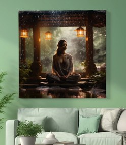 Obraz na plátně - Meditace, žena v altánku za deště FeelHappy.cz Velikost obrazu: 120 x 120 cm