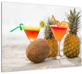Skleněný obraz ananasů a sklenic na pláži (70x50 cm)