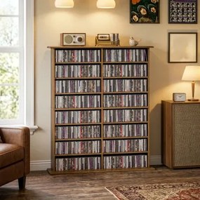 HOMCOM úložný prostor na CD a DVD s 16 přihrádkami a 12 nastavitelnými policemi, maximální kapacita 720 CD/396 DVD a Blu-ray, ořech