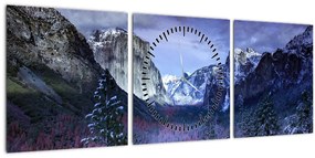 Obraz zimní horské krajiny (s hodinami) (90x30 cm)