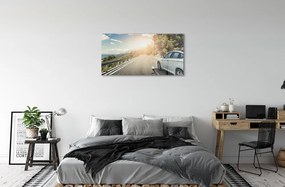 akrylový obraz Hory mraky auto silnice strom 100x50 cm